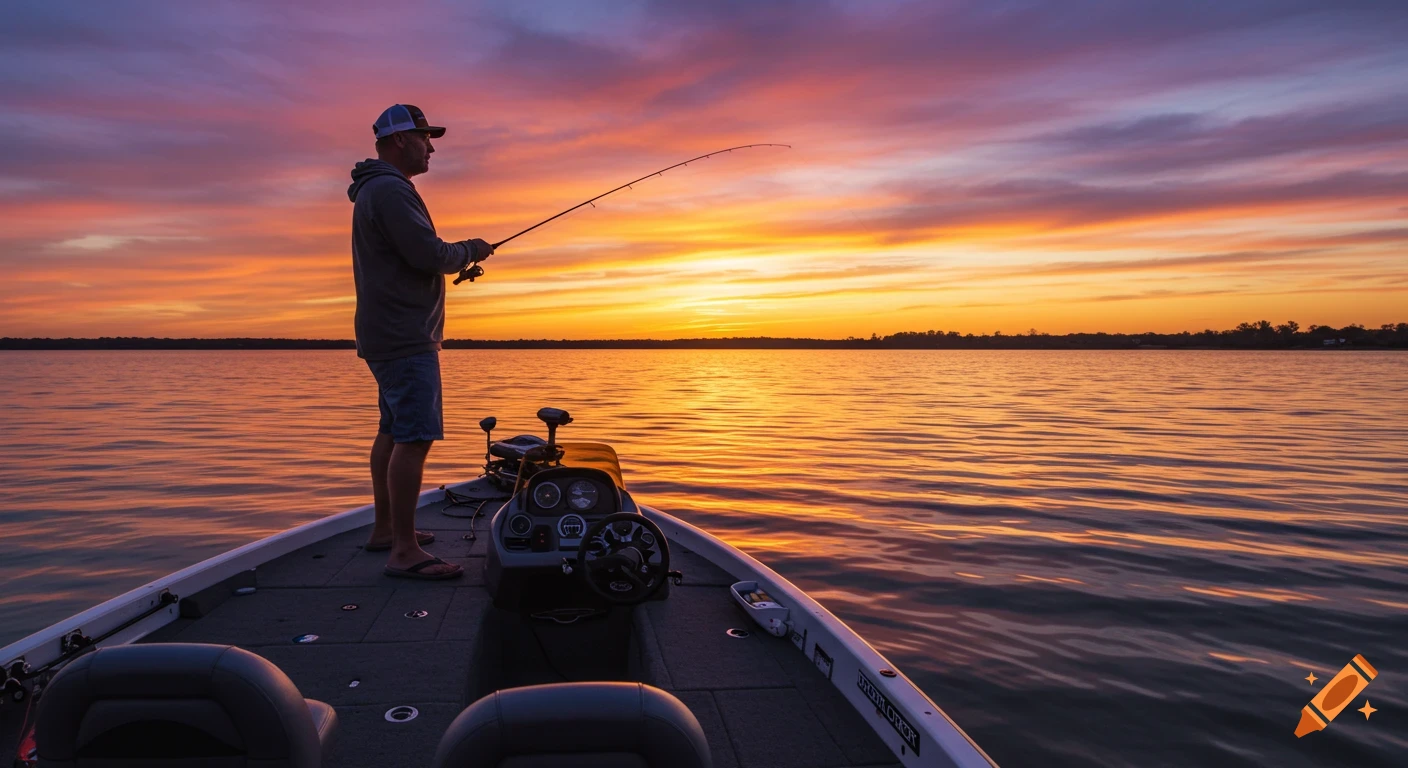 Man fishing from a bass boat on a lake at sunset. on Craiyon