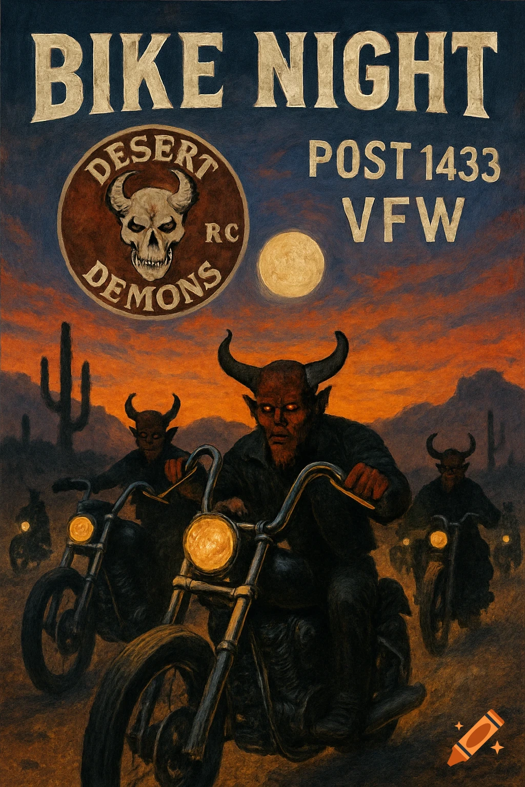 Dark fantasy poster of demons riding motorcycles in a desert sunset ...