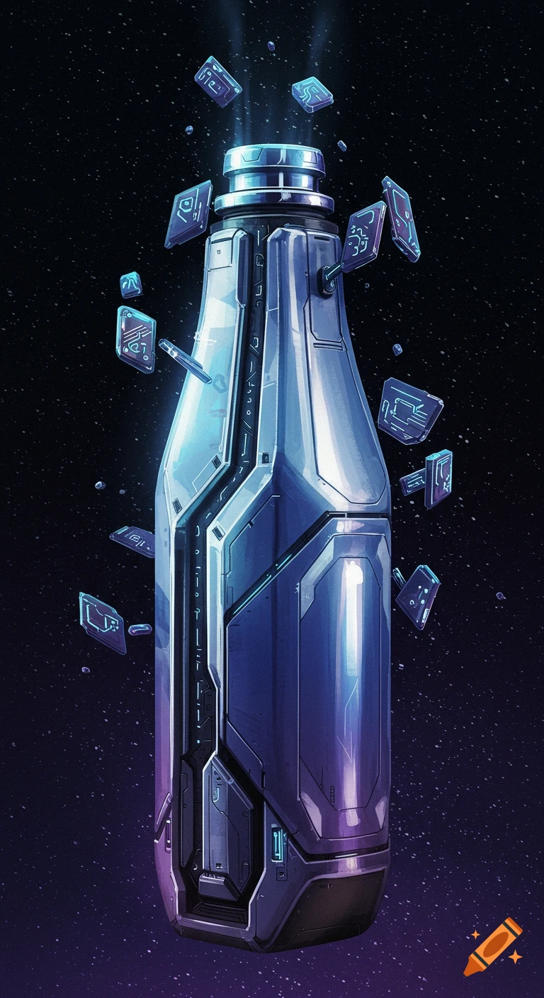 A futuristic metallic bottle with glowing details and floating symbols ...
