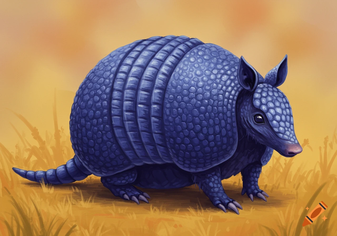 Blue armadillo with berry-like shell texture stands in a field, painterly style. on Craiyon