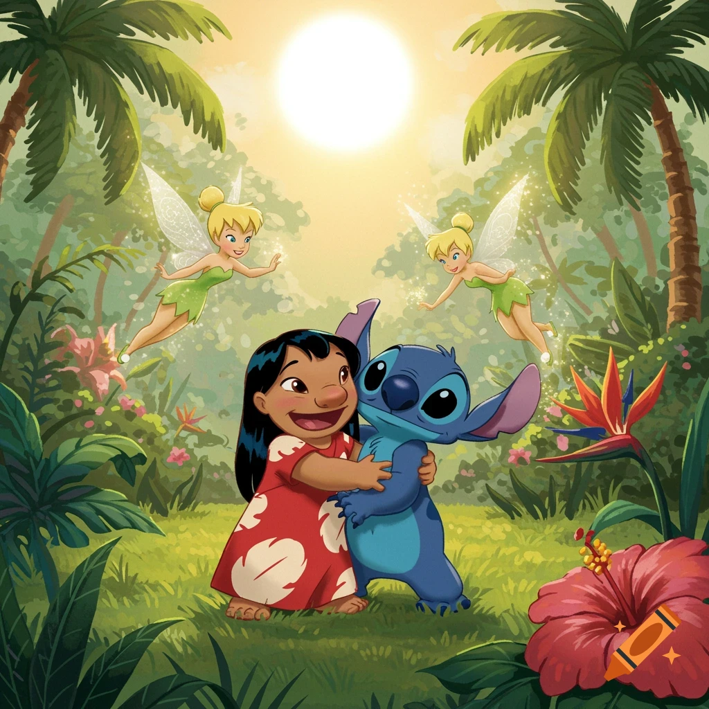 Lilo hugging Stitch in sunny tropical jungle with Tinkerbell fairies ...