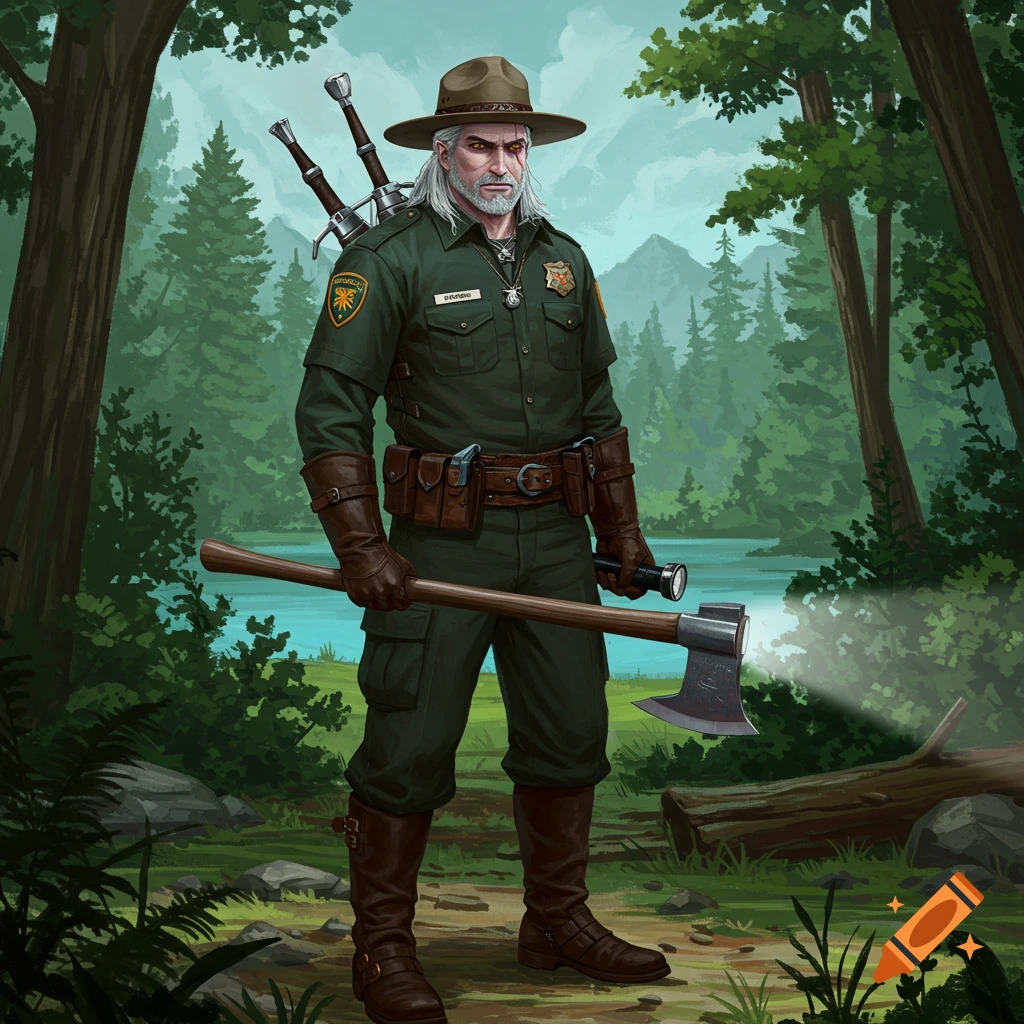 Geralt from The Witcher dressed as a park ranger stands in a forest ...