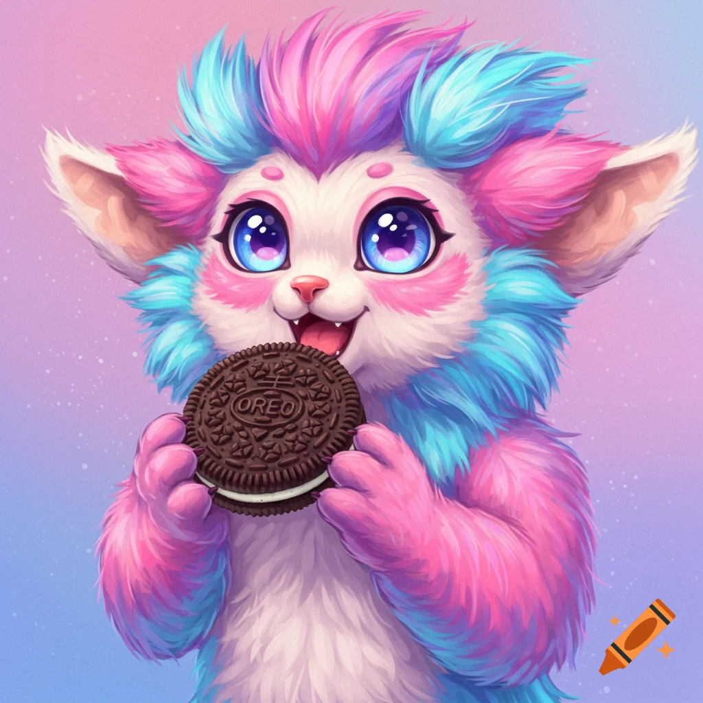 Cute furry creature with pink and blue fur holding an Oreo cookie on ...
