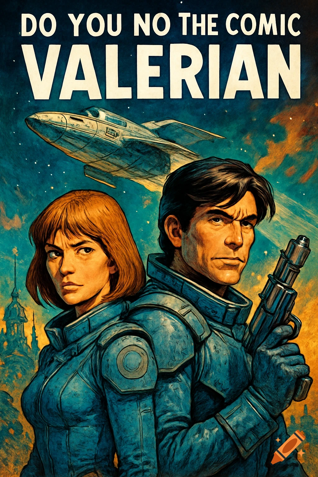 Two sci-fi characters, a spaceship, and title text in a retro comic ...