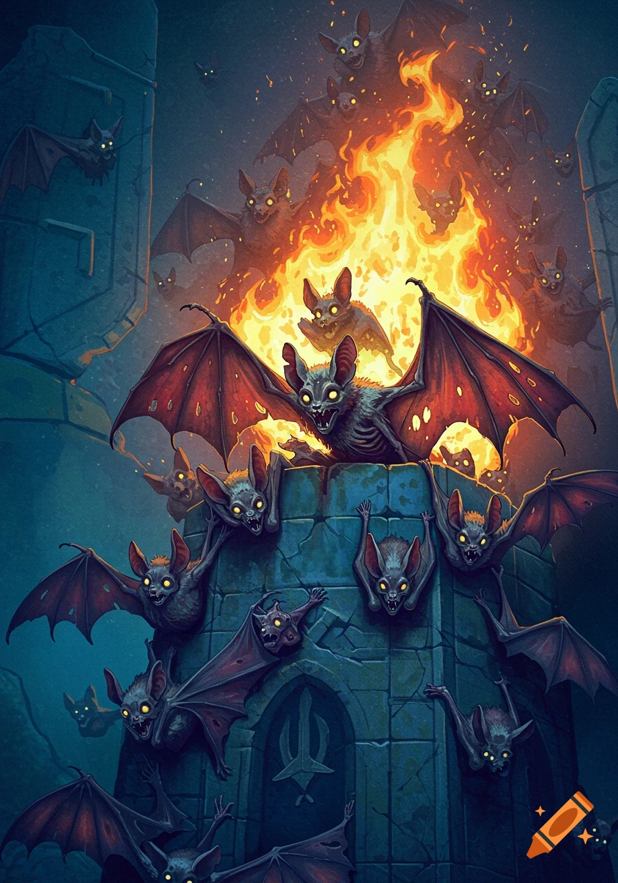 Stylized bats with glowing eyes swarm a dark tower with a fire burning ...