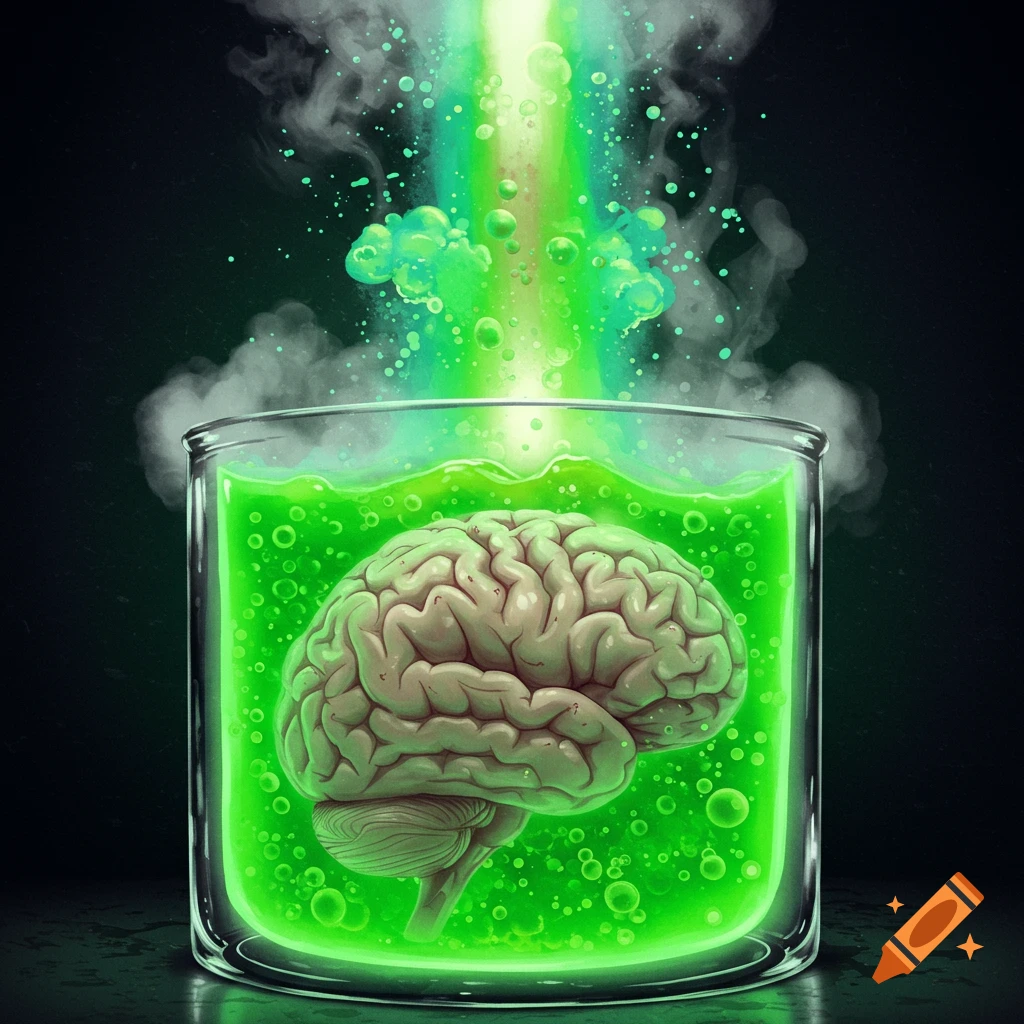 Brain in a glass beaker with glowing green bubbling liquid and energy ...