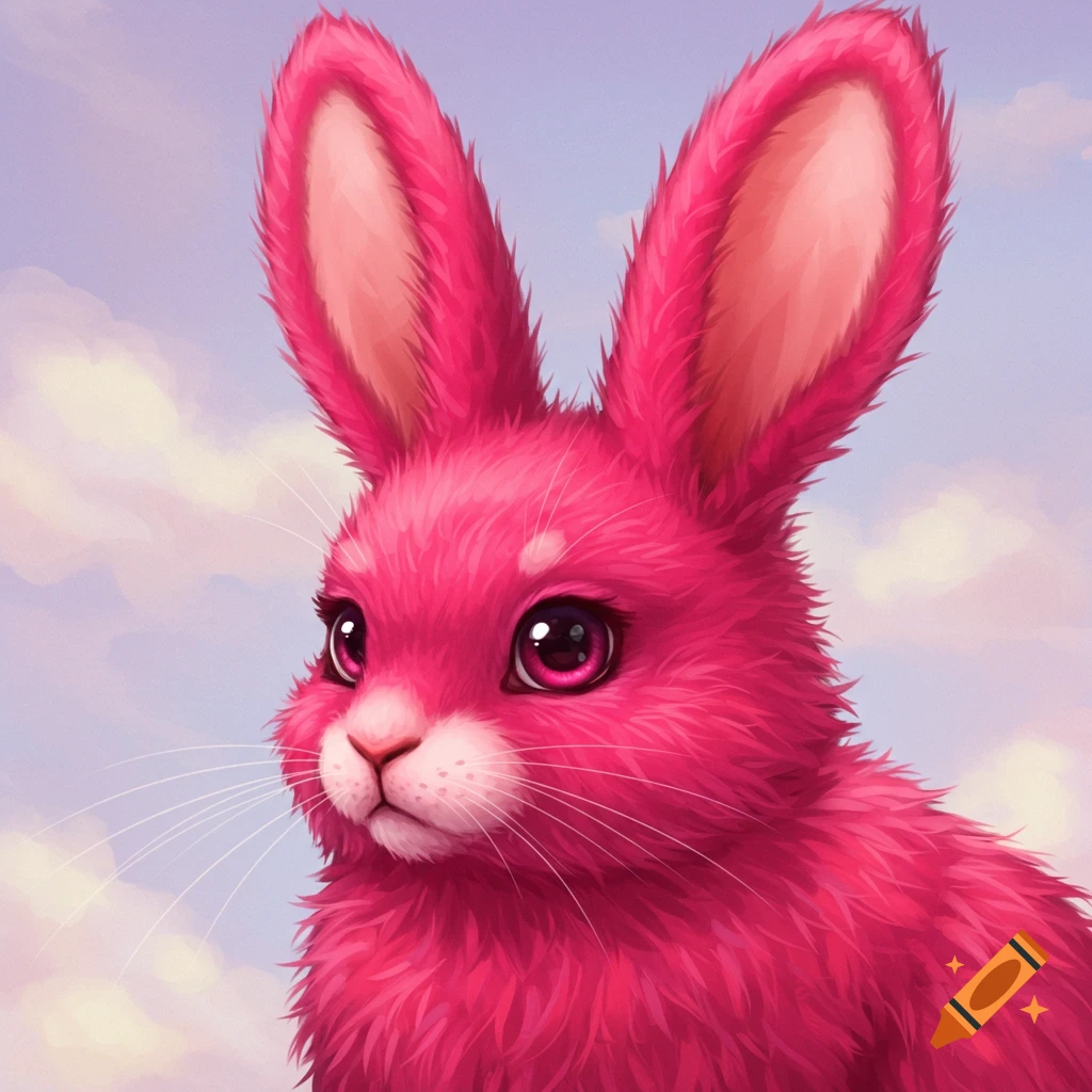 A close-up portrait of a bright pink rabbit with large eyes looking to ...