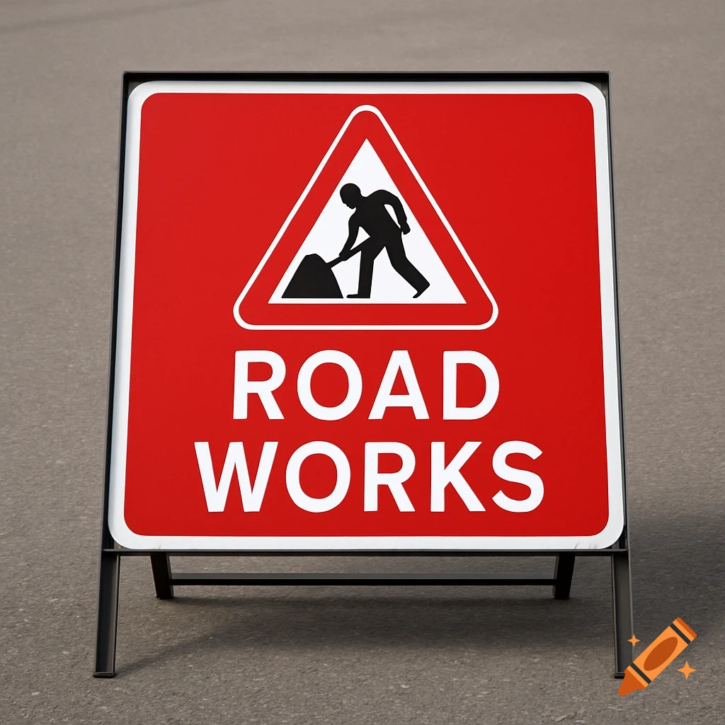 A red road sign with a triangular symbol showing a person digging and ...