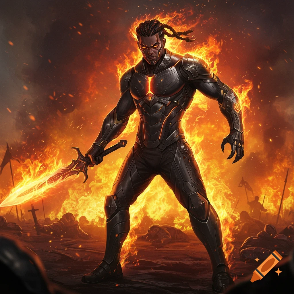 A powerful fire warrior in black armor with a flaming sword stands on a ...