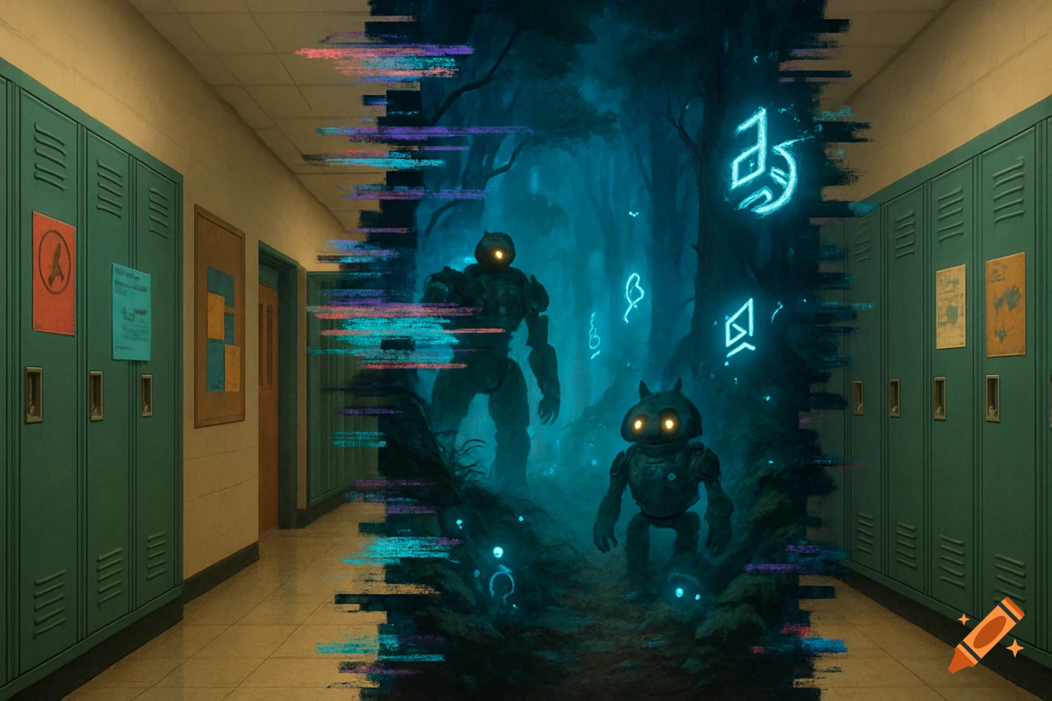 A school hallway glitches open to reveal a dark, glowing forest with robots and glowing symbols ...
