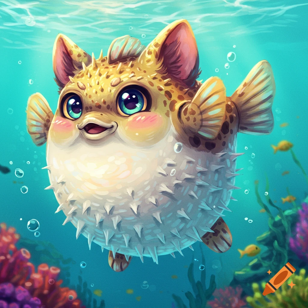 Cute cartoony pufferfish with cat ears swims underwater near coral. on Craiyon