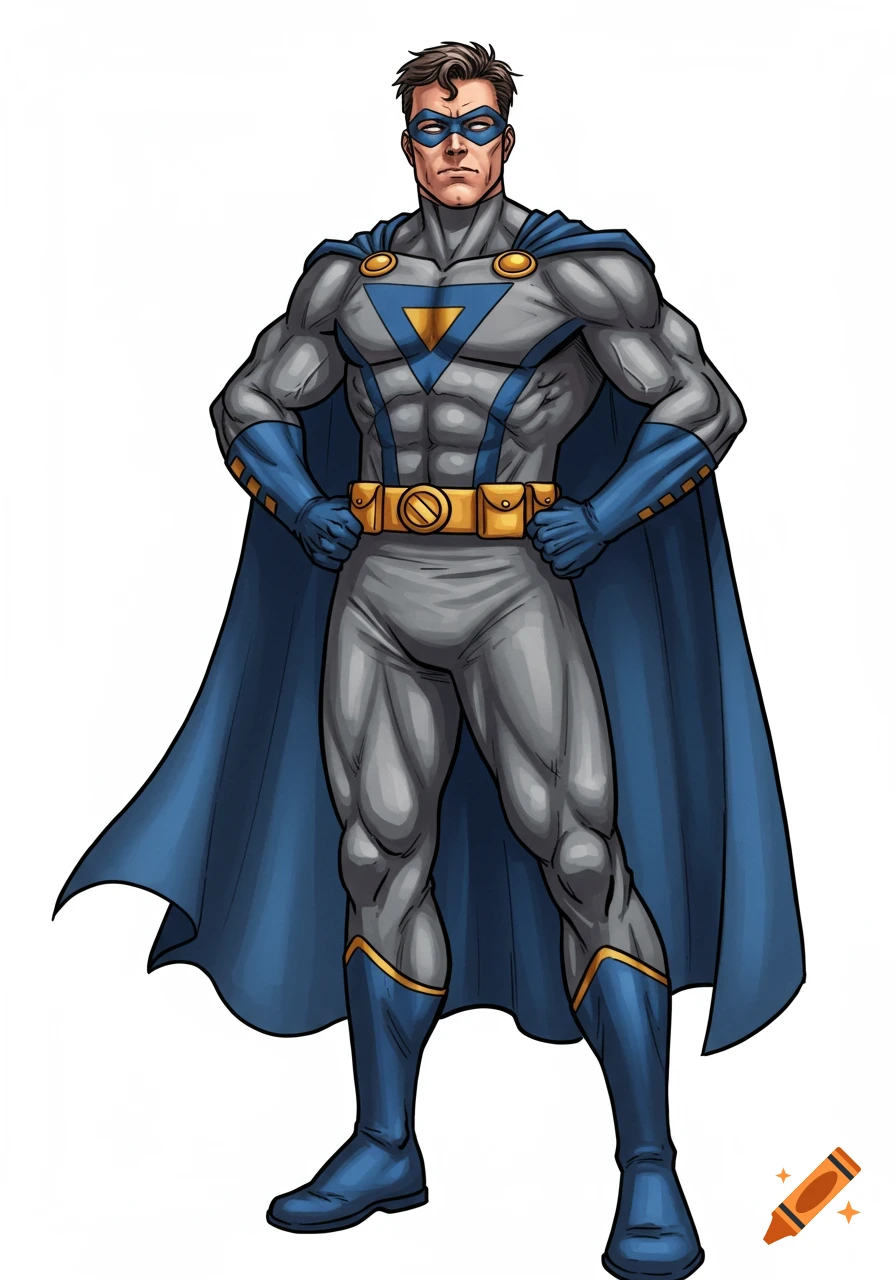 A comic book drawing of a muscular male superhero in a grey and blue ...