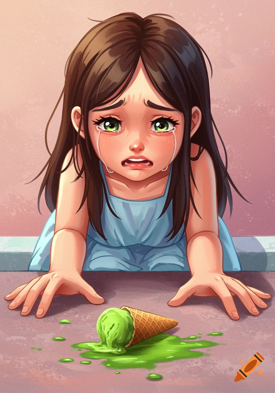 Illustration of a girl crying over a dropped green ice cream cone. on ...
