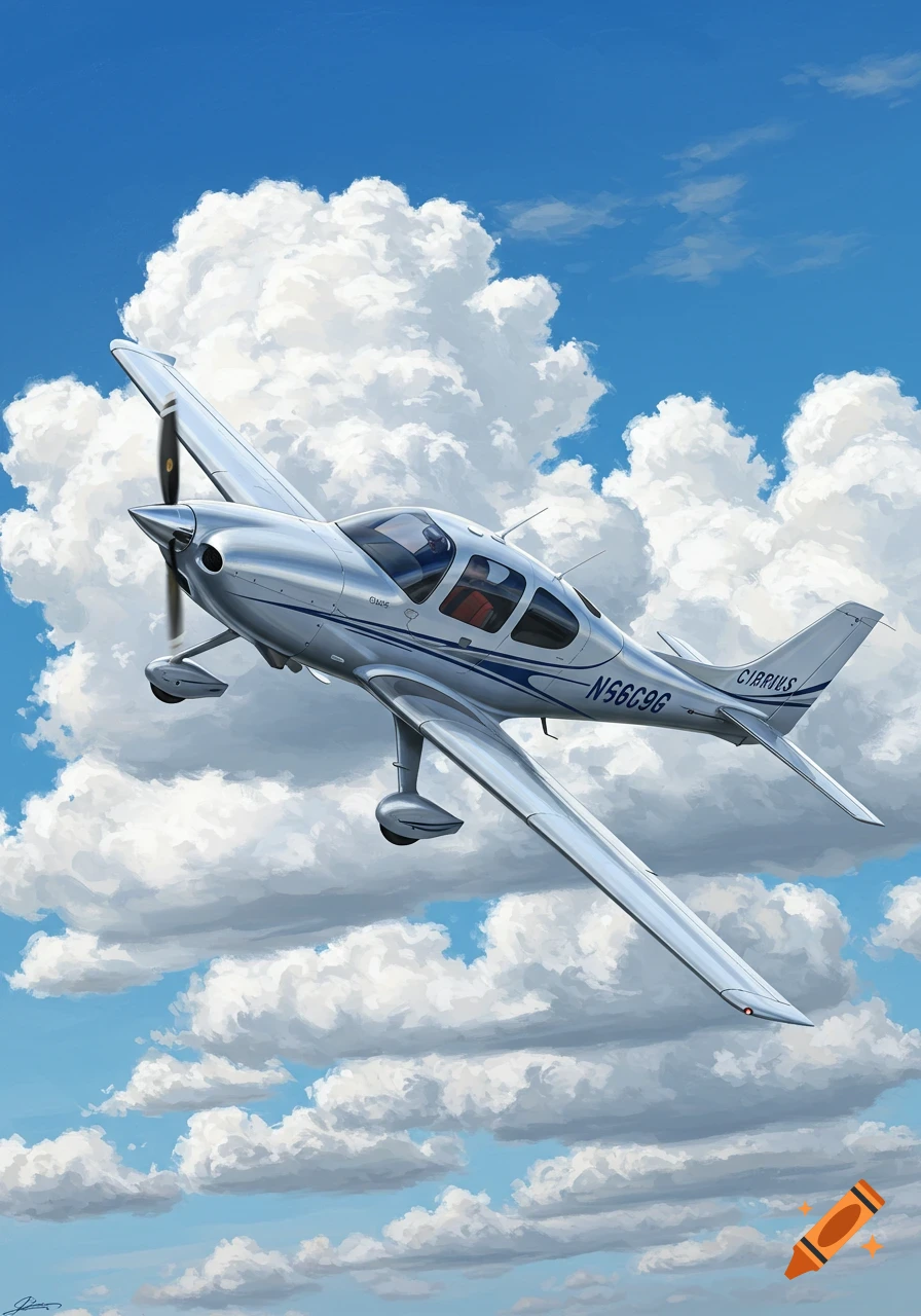 Silver airplane flying through fluffy clouds. Illustration. on Craiyon