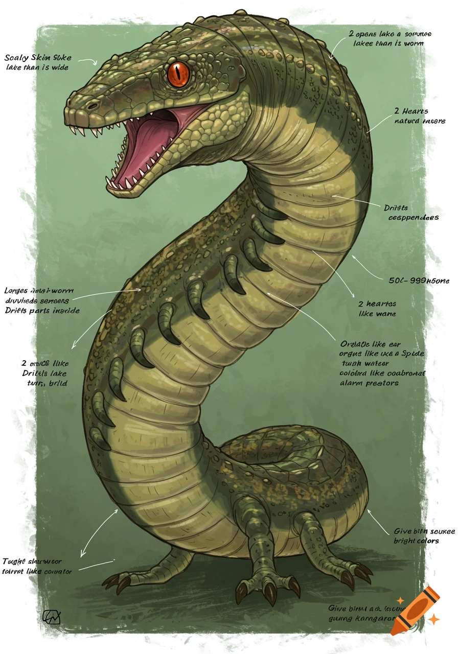 An illustrated drawing of a large, green, snake-like creature with limbs and red eyes, annotated ...