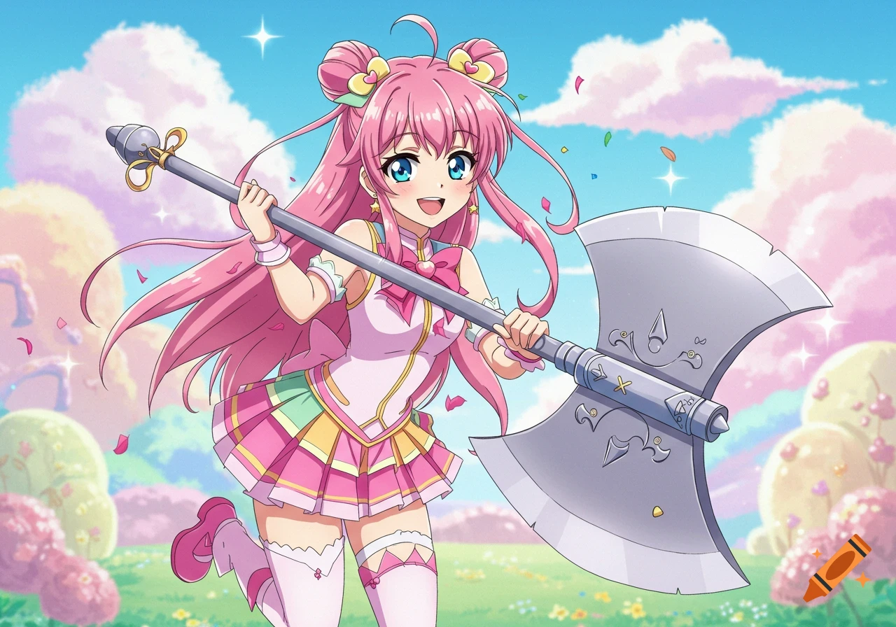 Anime girl with pink hair and costume holding a large double-headed axe ...