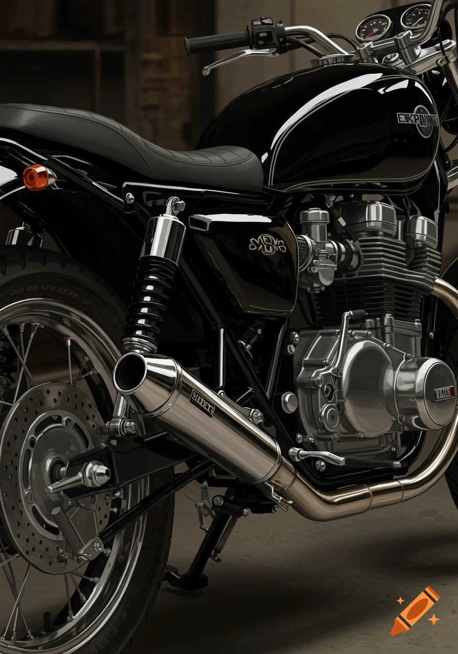 Close-up of a black vintage motorcycle's engine, exhaust, and rear ...
