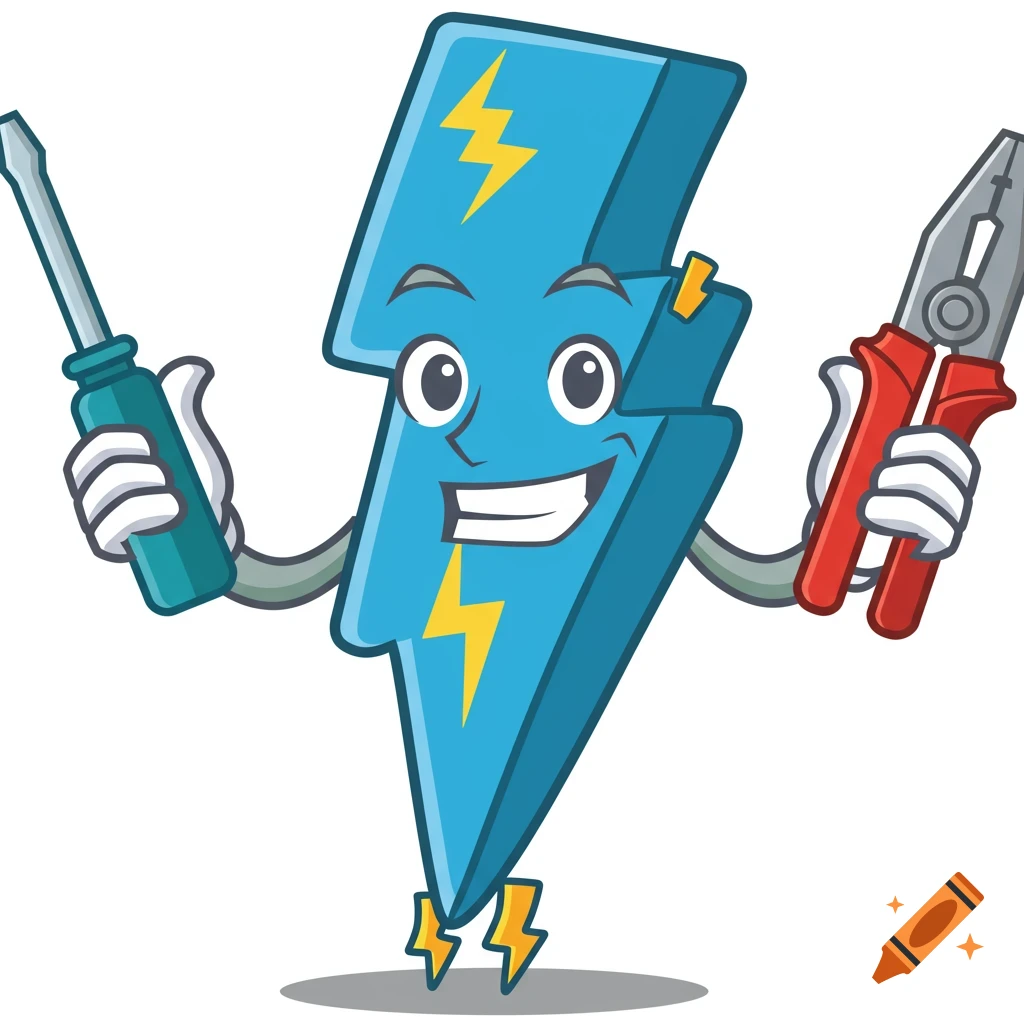Cartoon lightning bolt character holding a screwdriver and pliers on ...