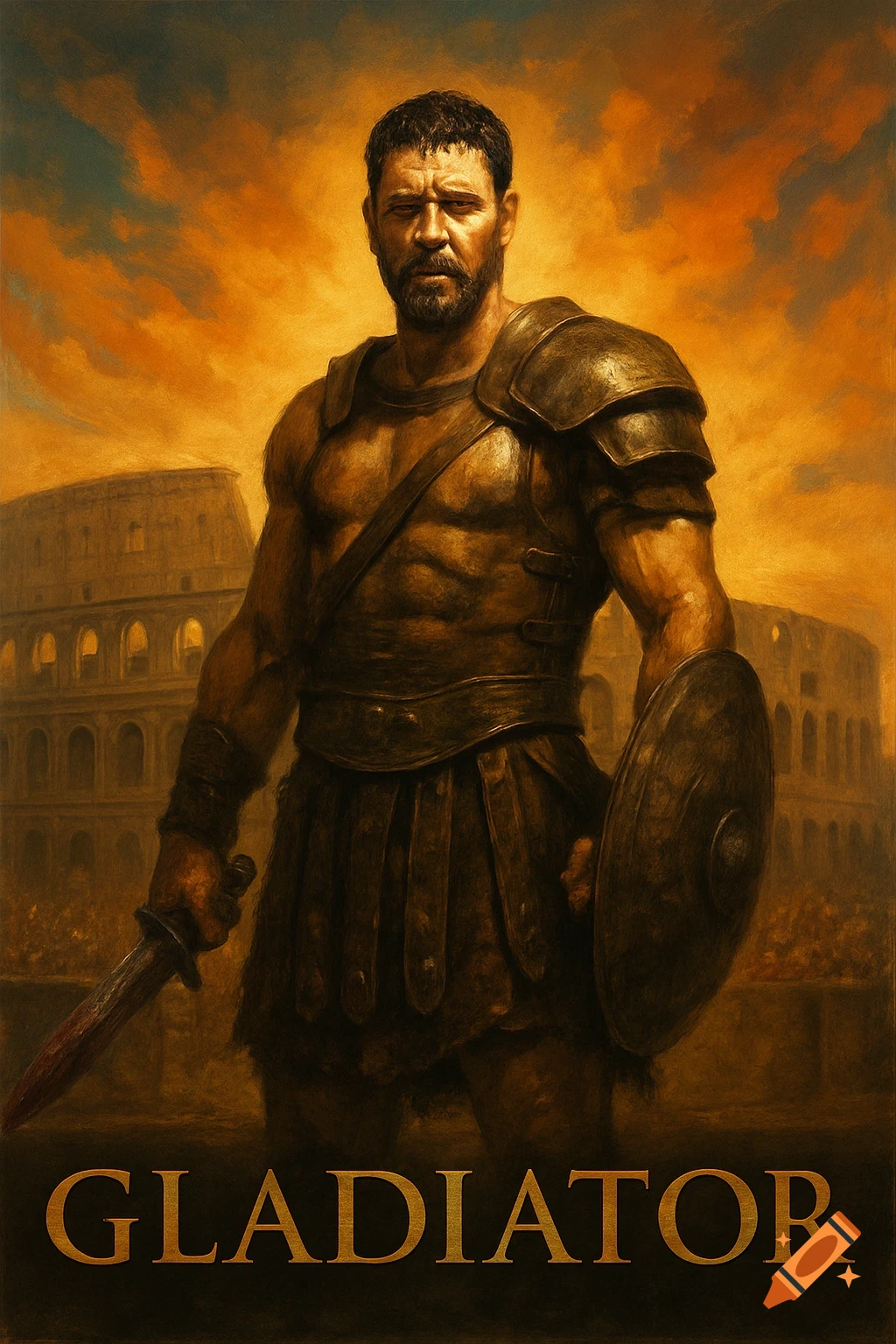Painting of a gladiator in armor holding a sword and shield, standing ...