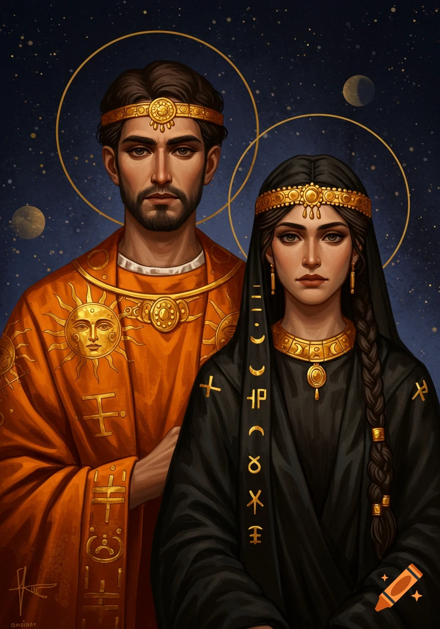 Byzantine style portrait of a priest and priestess in orange and black ...