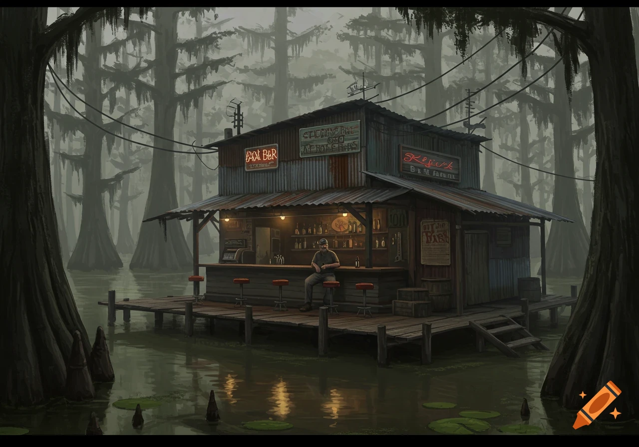 Illustration of a rustic dive bar on stilts in a misty swamp forest on ...