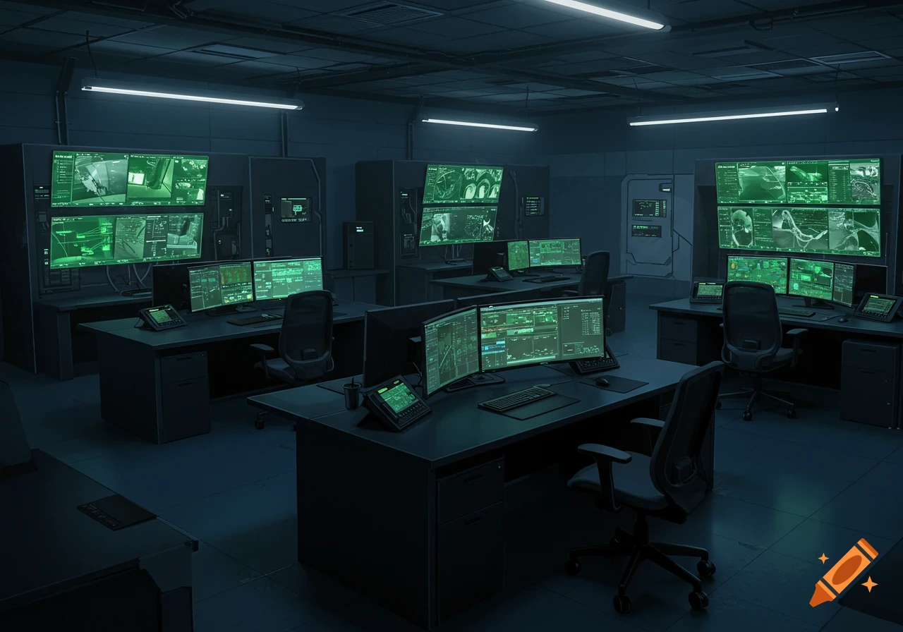 A dark, high-tech security operations center with rows of desks and ...
