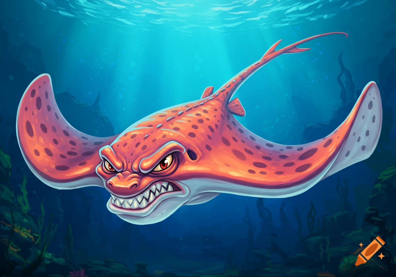Cartoon illustration of an angry orange stingray swimming underwater ...