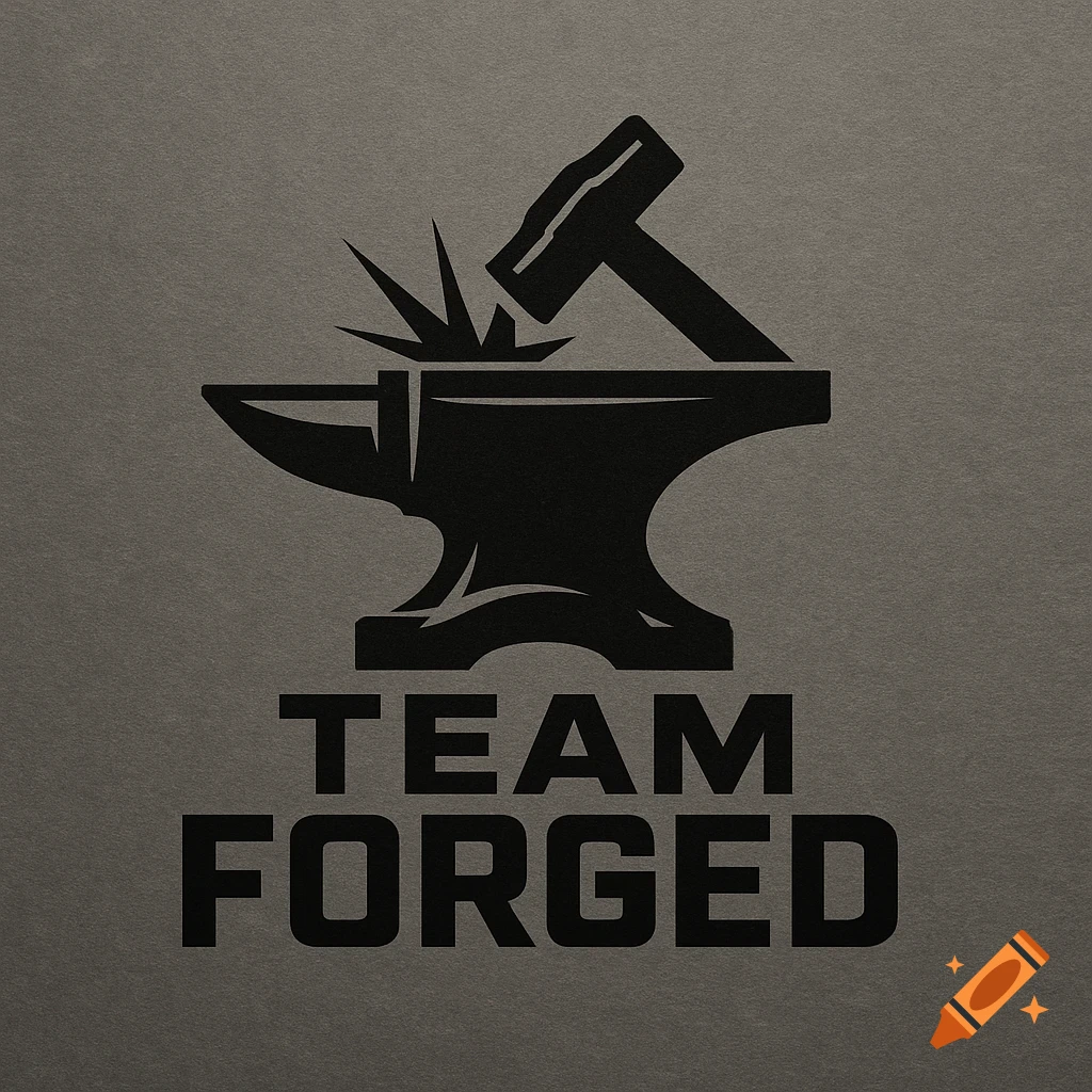 Logo of a hammer striking an anvil with sparks, above the text 'TEAM FORGED'. on Craiyon