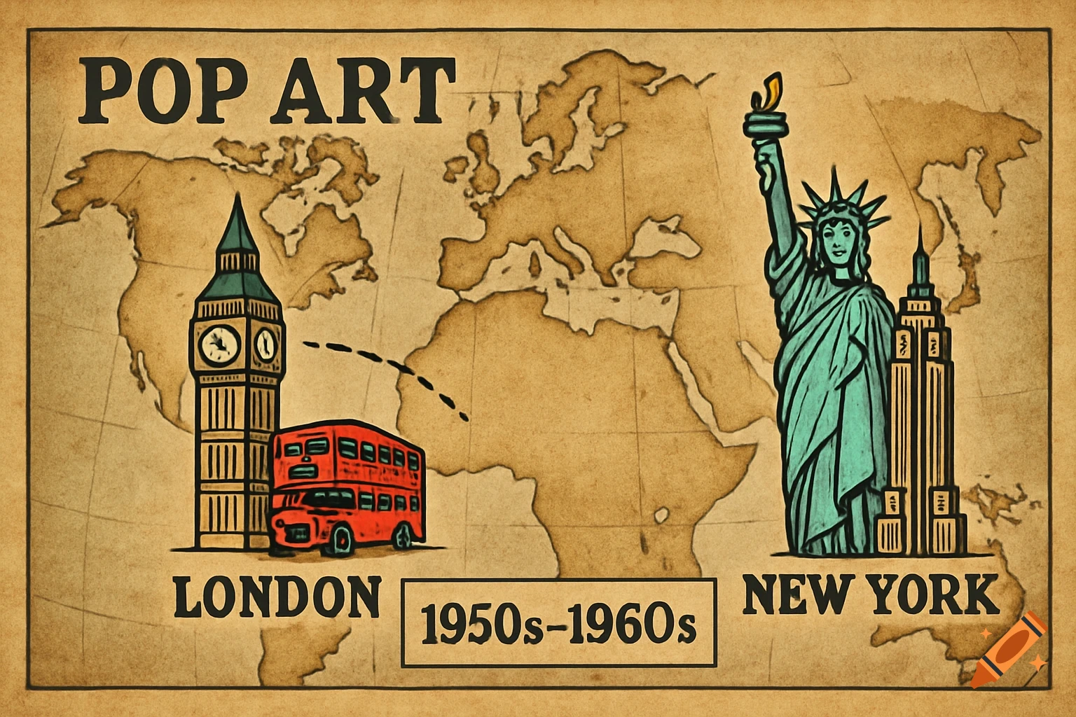 Vintage map Pop Art style showing London & New York landmarks, 1950s ...