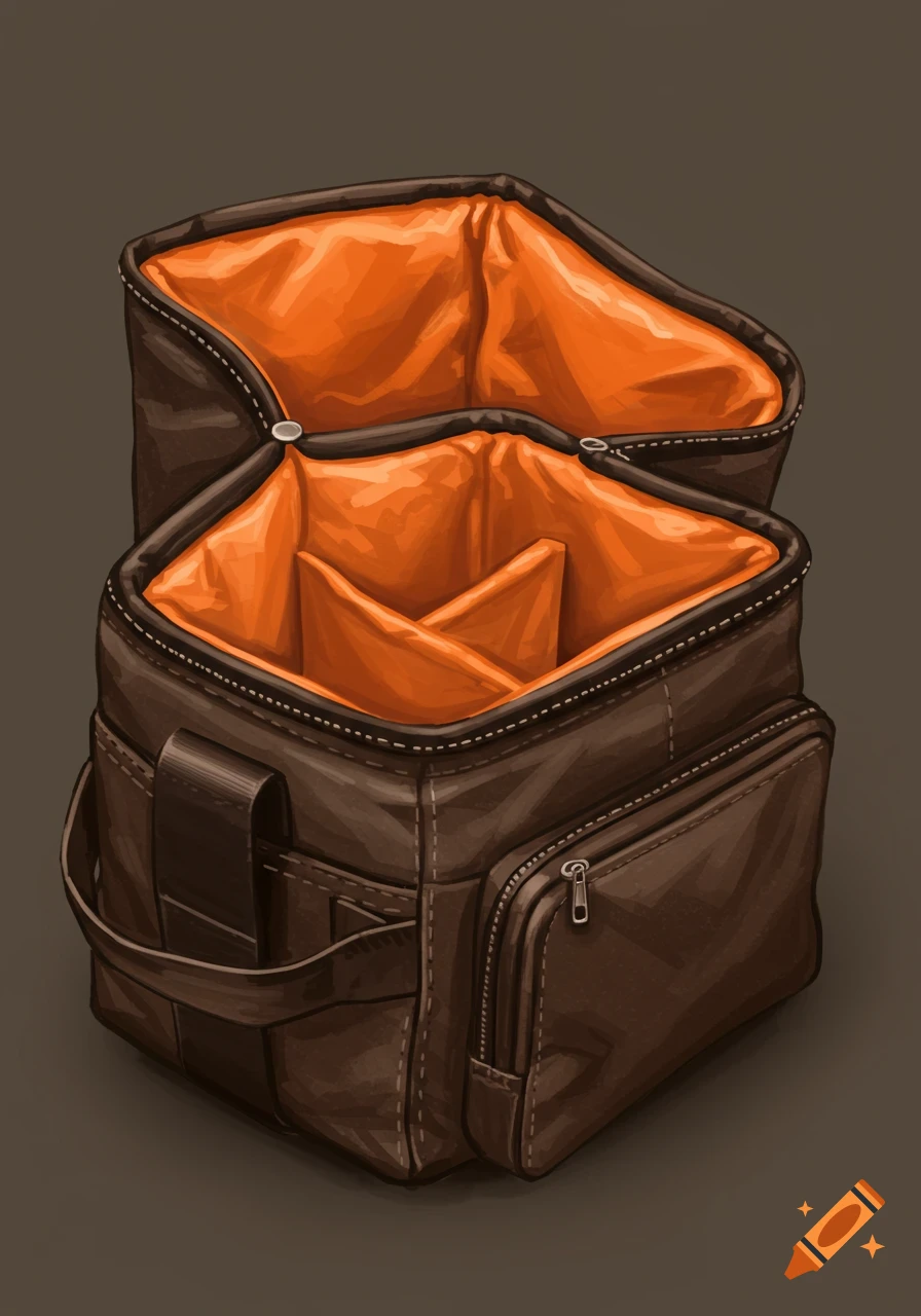 A brown bag with orange lining and internal compartments, illustration ...