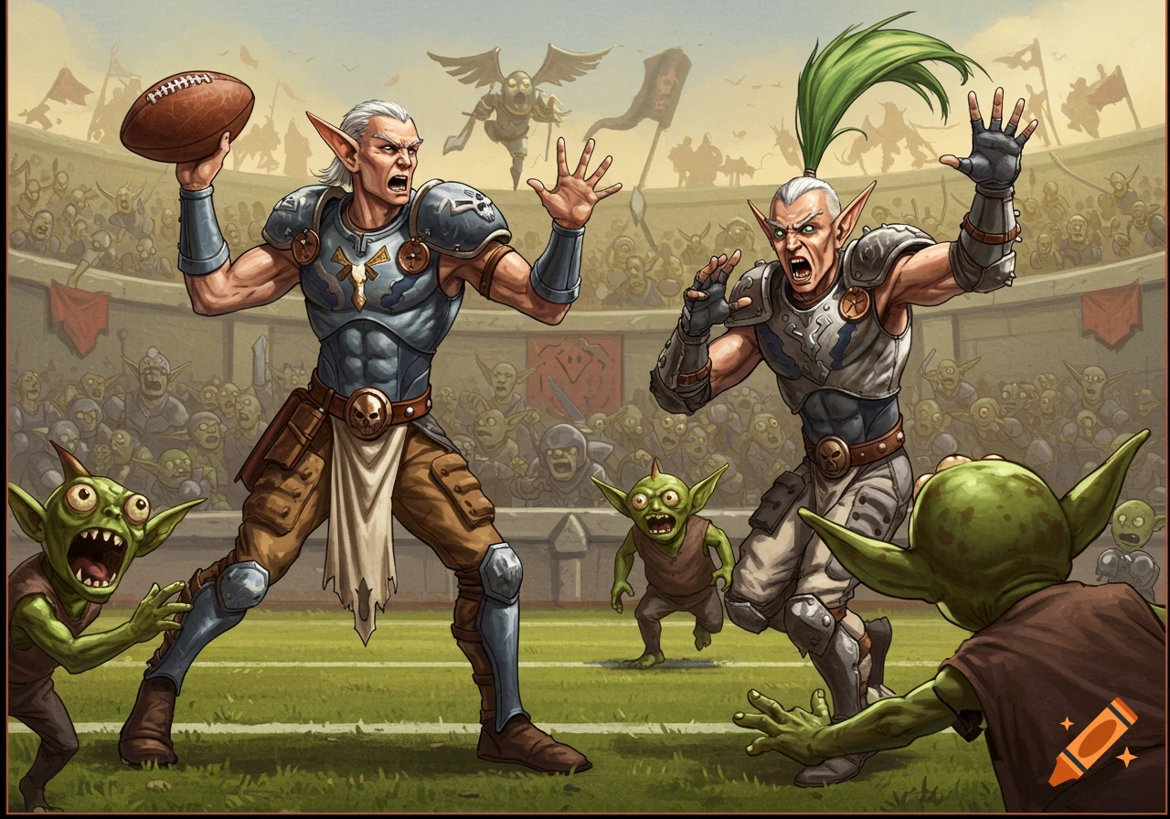 Fantasy illustration of elves playing football in a stadium packed with ...