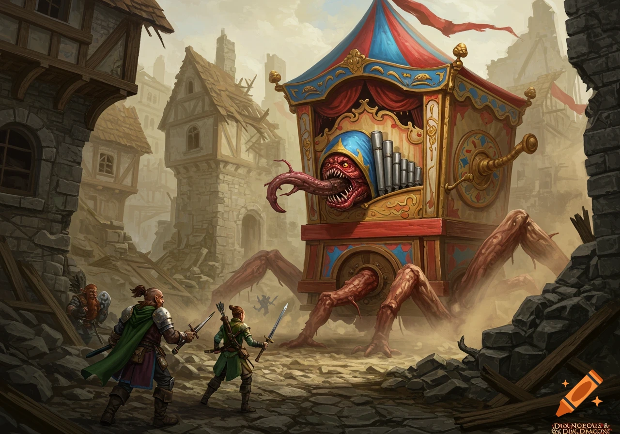 A giant circus tent monster with legs and a tentacled mouth attacks ...