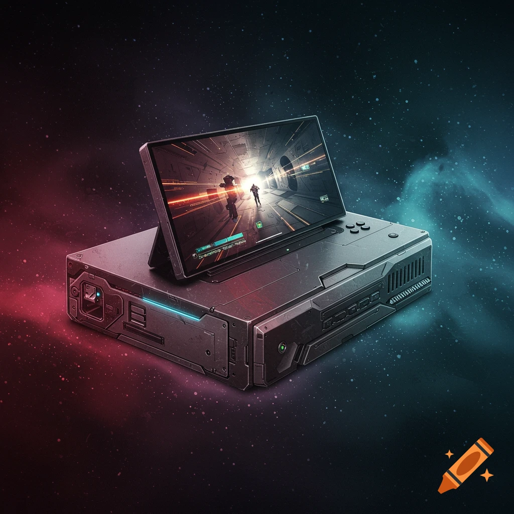A futuristic game console displaying a sci-fi game on its screen ...