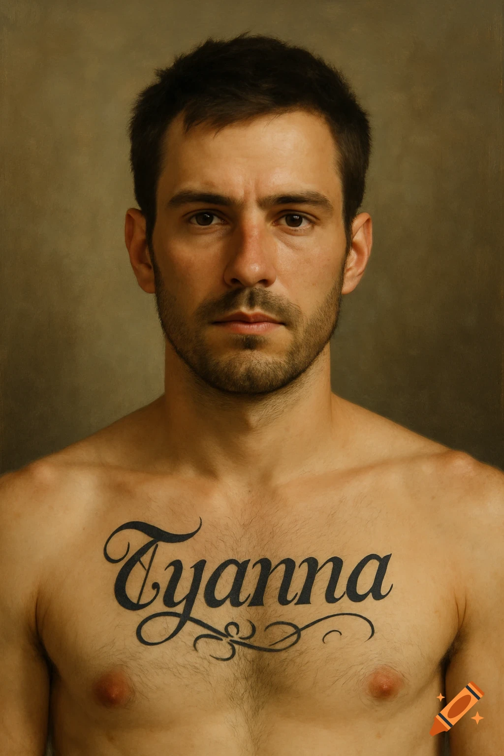 Photorealistic portrait of a man with a Tyanna tattoo on his chest. on ...