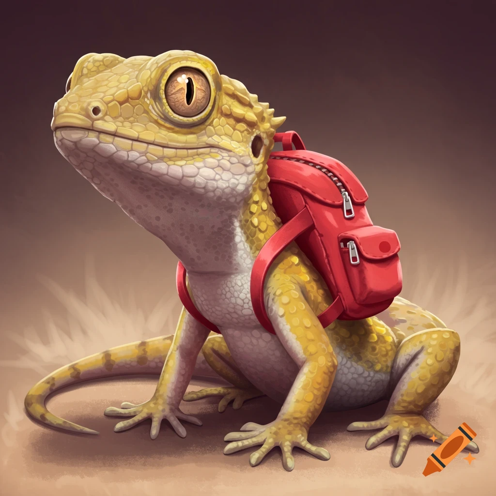 A stylized illustration of a lizard wearing a red backpack. on Craiyon