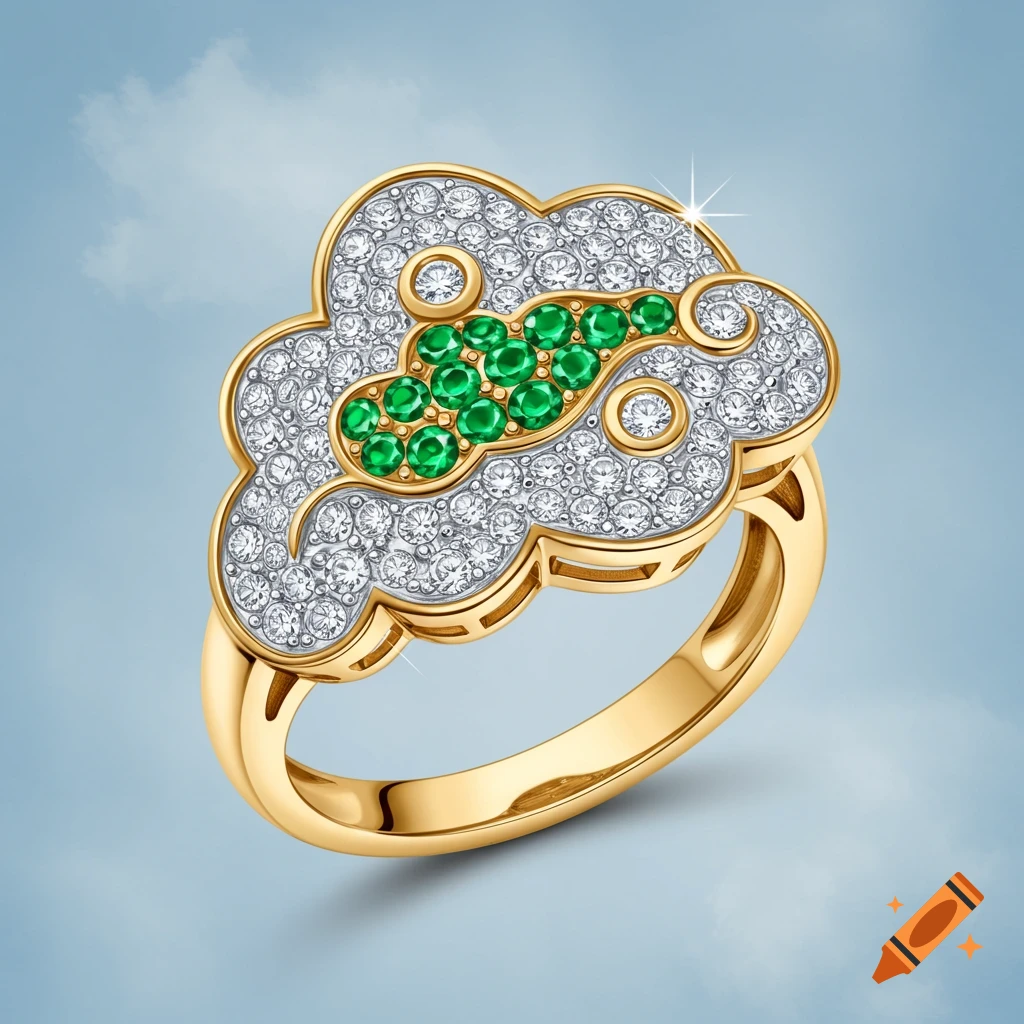 A gold ring with a cloud design, encrusted with diamonds and green ...