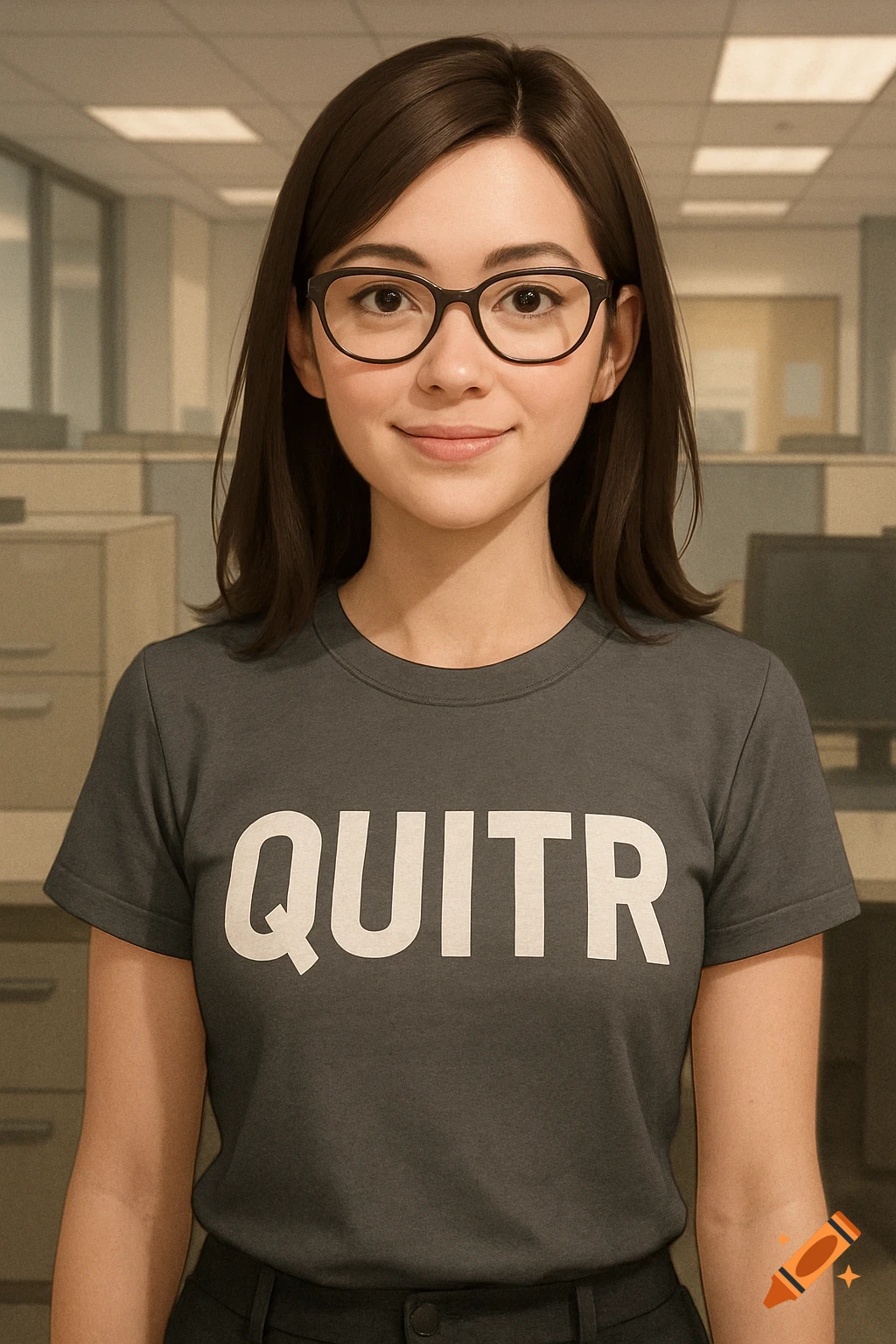 Portrait of a woman in an office wearing glasses and a t-shirt that ...