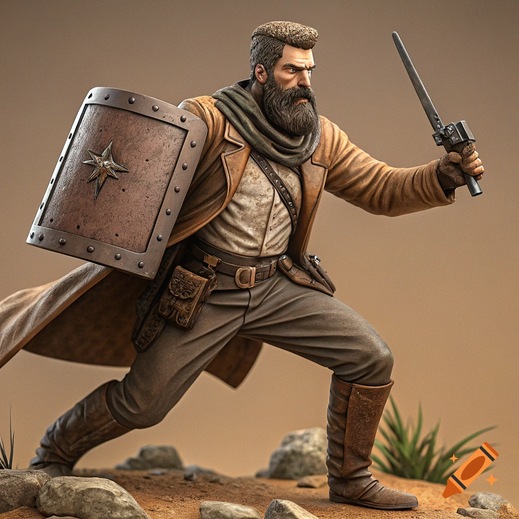 Bearded man in brown coat holding shield and sword in desert, action ...