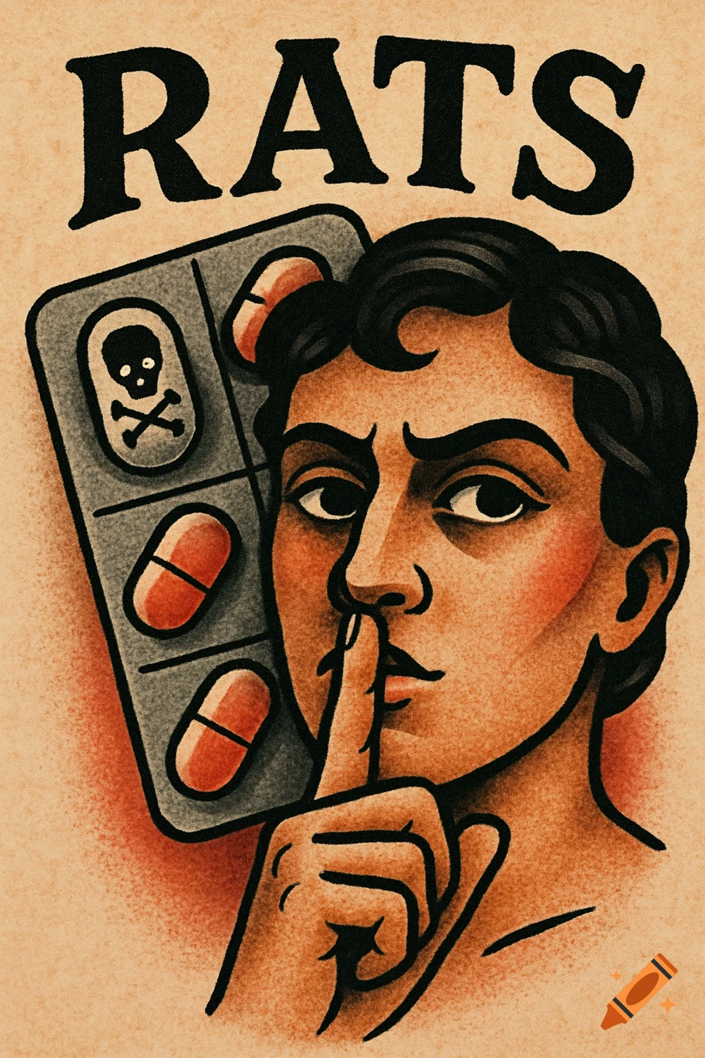 Tattoo-style illustration of a person with a finger to their lips ...