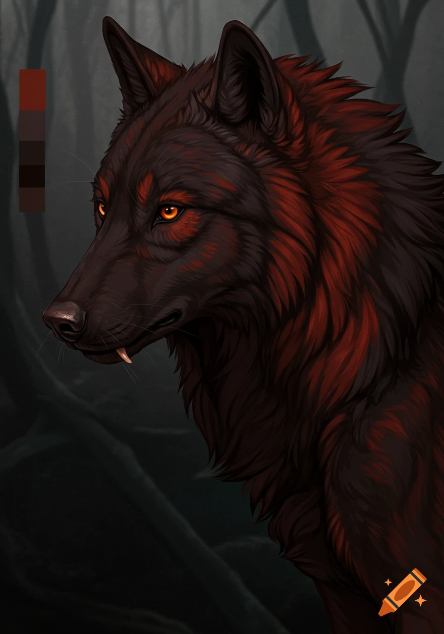 Close-up portrait of a dark wolf with red fur and glowing orange eyes in a forest. on Craiyon