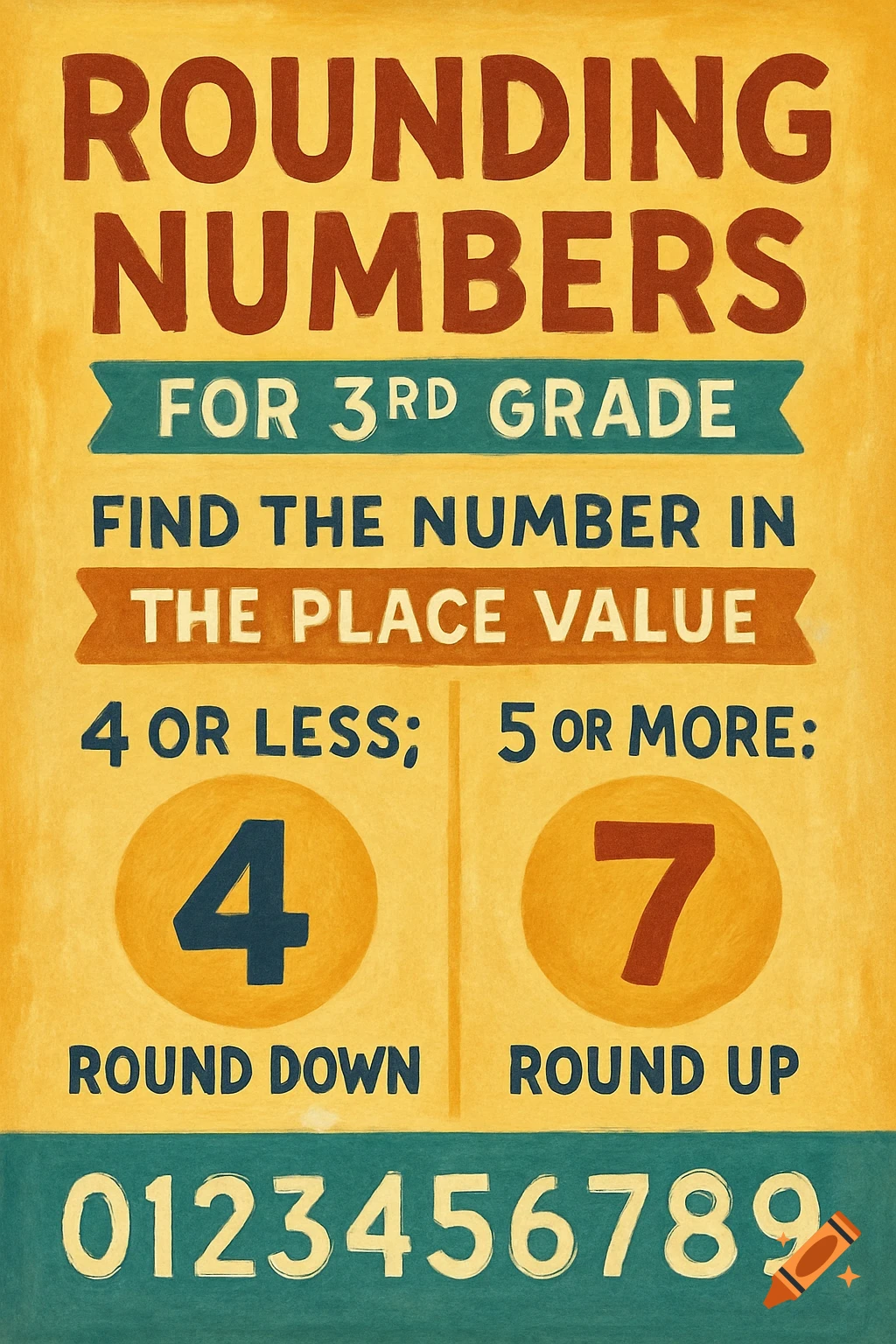 A colorful poster titled "Rounding Numbers For 3rd Grade" with rules ...