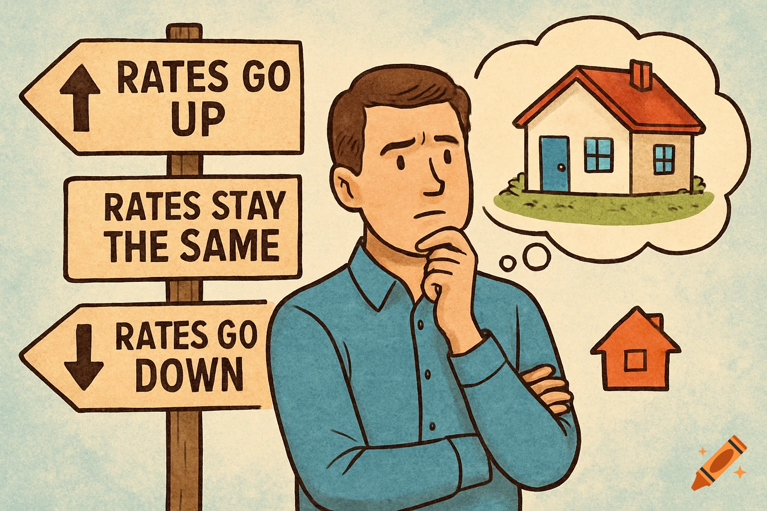 Cartoon illustration of a man deciding about buying a house, standing ...