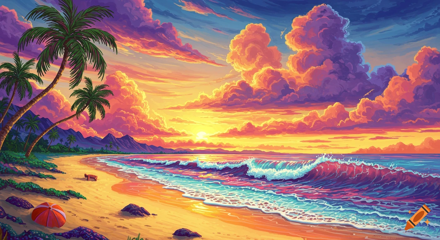 Vibrant colorful beach sunset with palm trees, waves, and dramatic ...