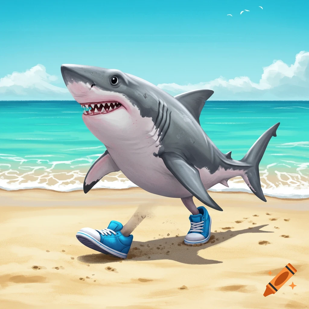 A cartoon shark with legs wearing blue sneakers walks on a sunny beach ...