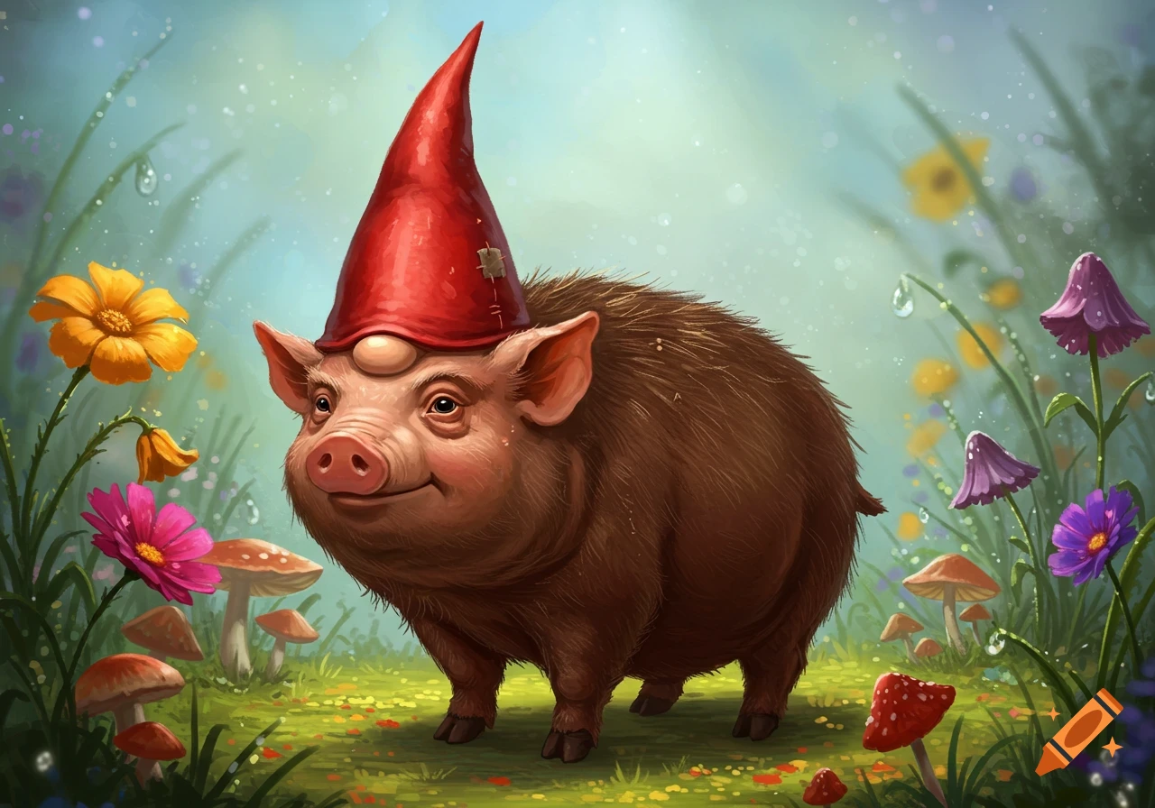 A cute fuzzy pig wearing a red gnome hat stands in a fantasy garden ...