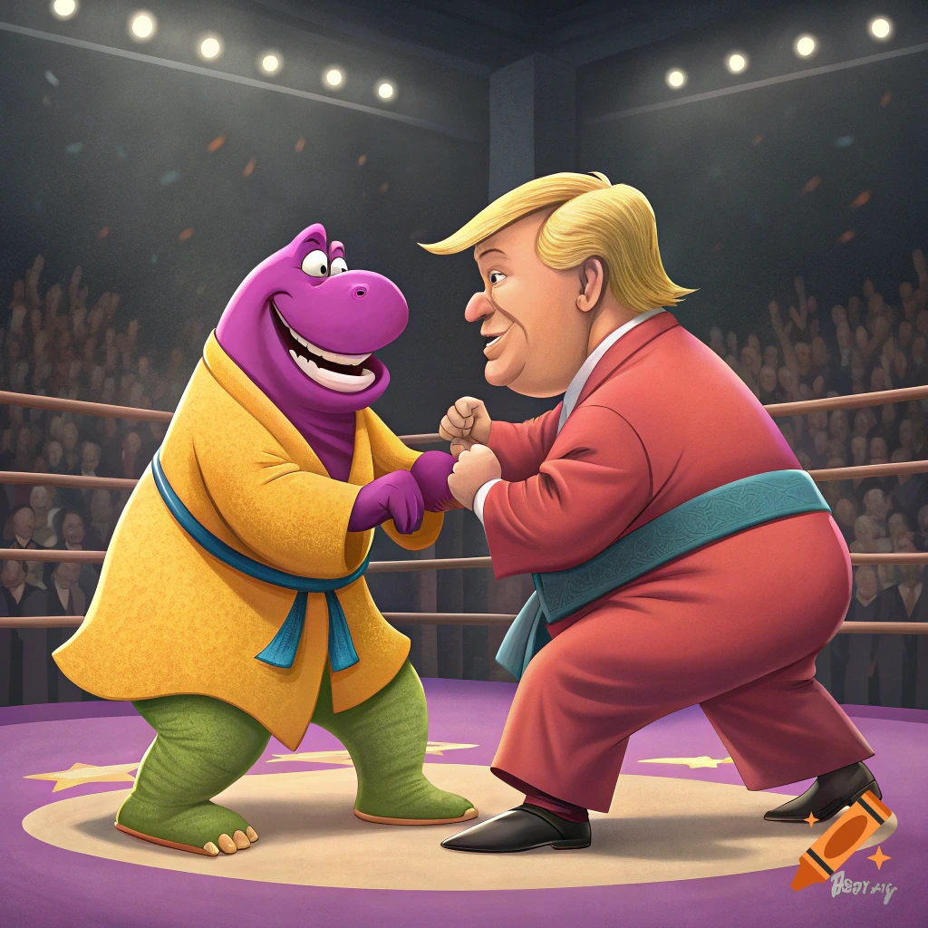 A cartoon purple dinosaur and a man resembling Donald Trump sumo ...