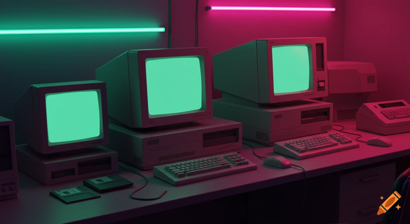 Vintage computers and peripherals on a desk under green and pink neon ...