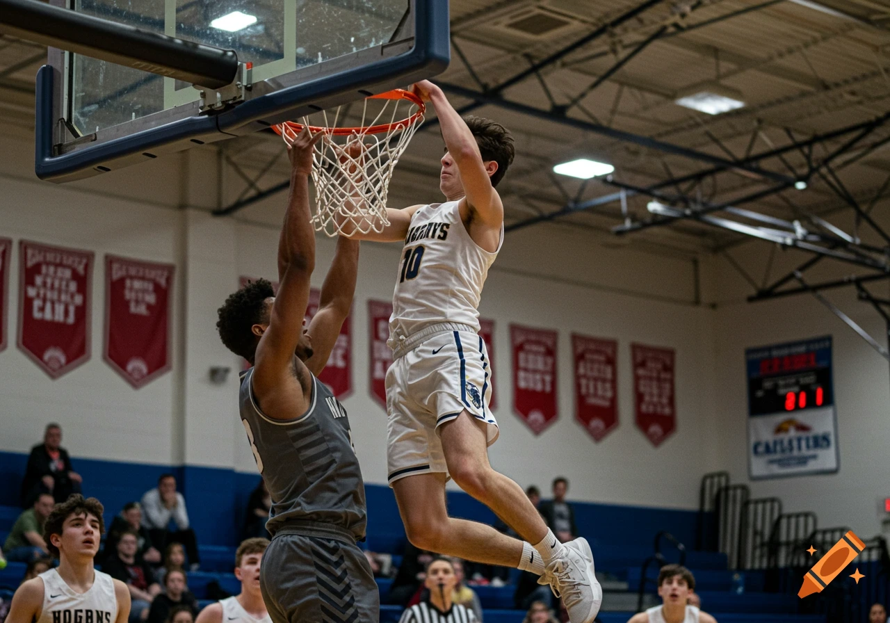 A basketball player in white dunks the ball over an opposing player in ...