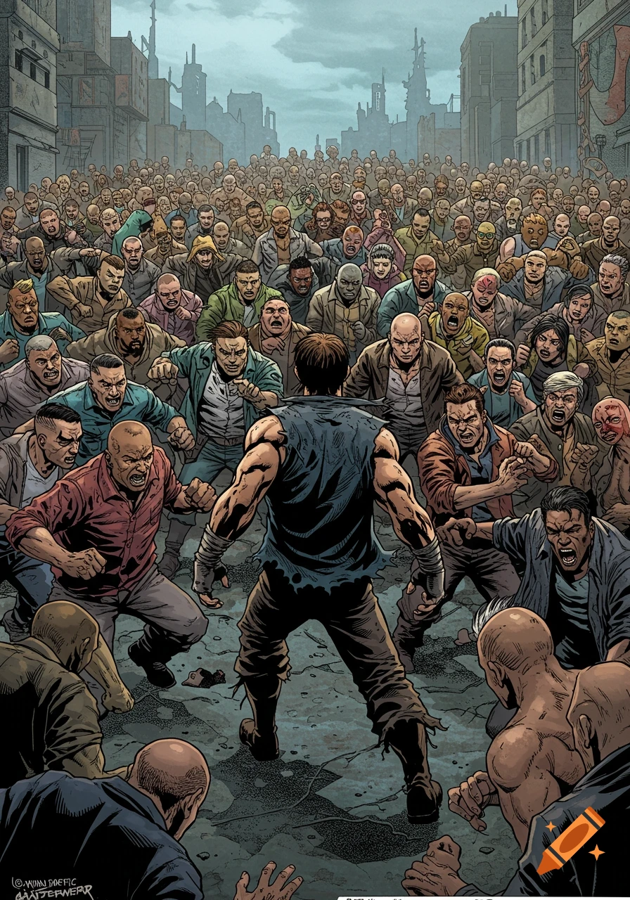 A man stands defiant, facing a large, angry crowd in a desolate city ...