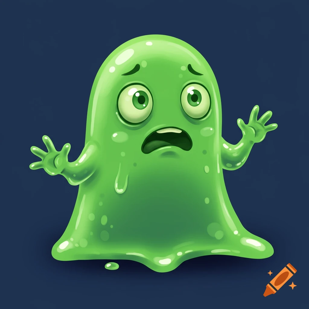 A cartoon green blob monster looks scared with wide eyes and ...